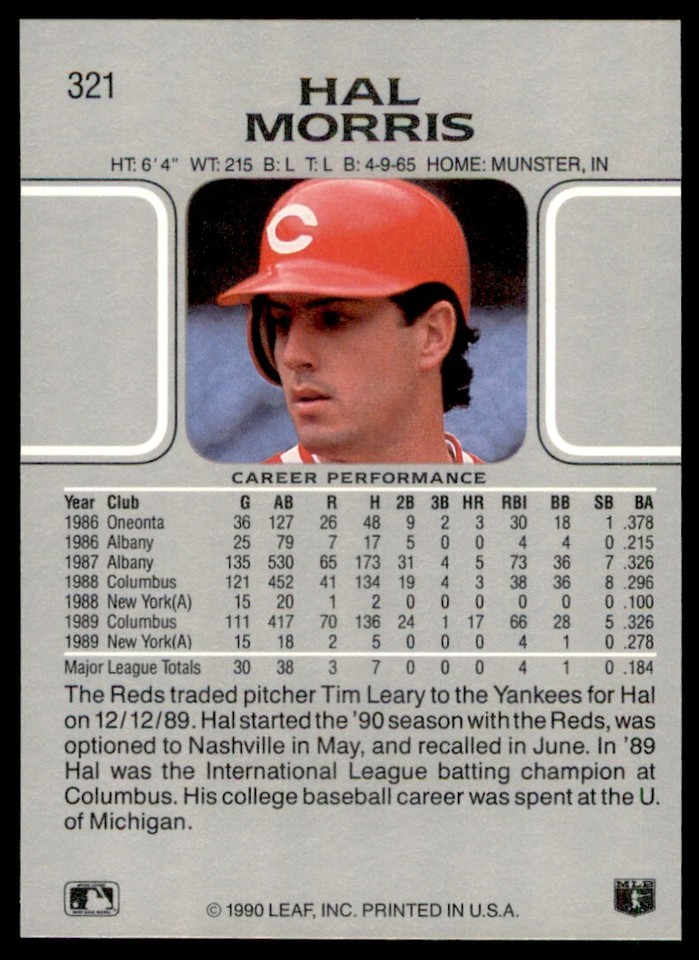 1990 LEAF HAL MORRIS CINCINNATI REDS #321 | eBay