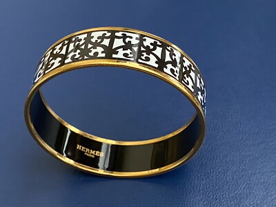 HERMES Black & White Enamel With Gold Tone Rim Bangle Bracelet | eBay
