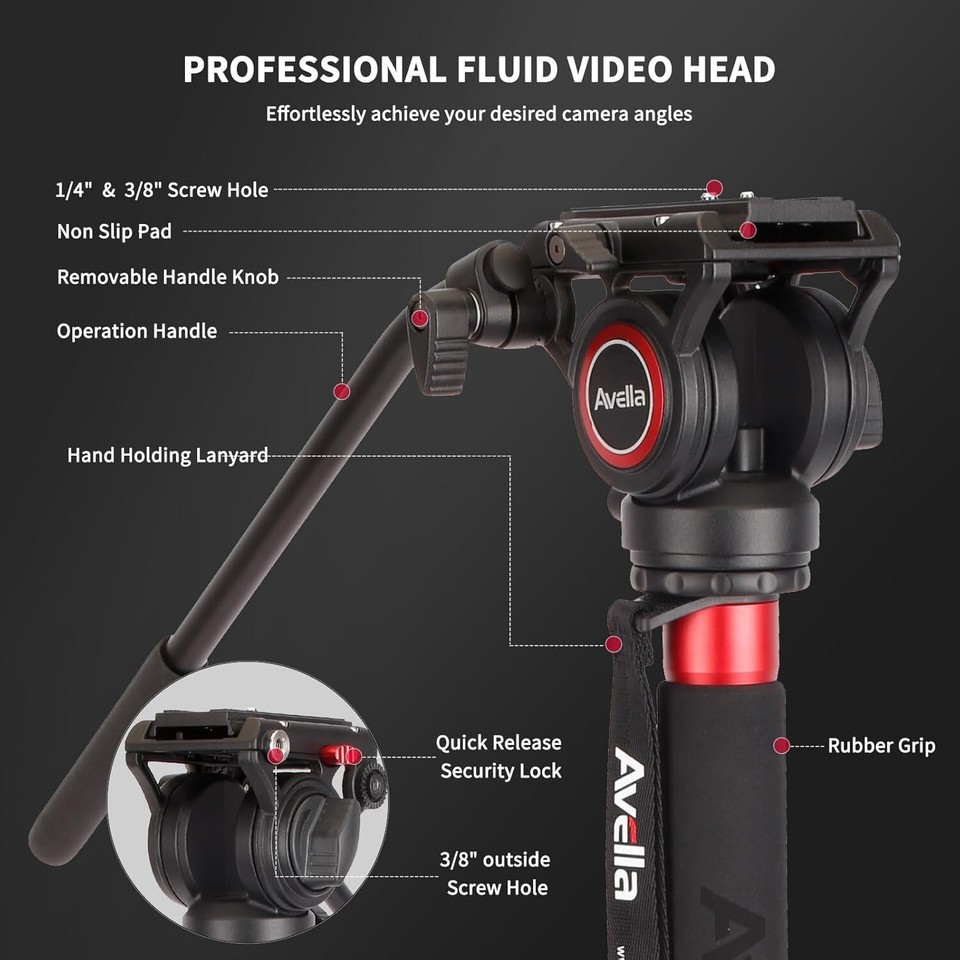 Avella Carbon Fiber Video Monopod Tripod Stand Kit With Fluid Head ...