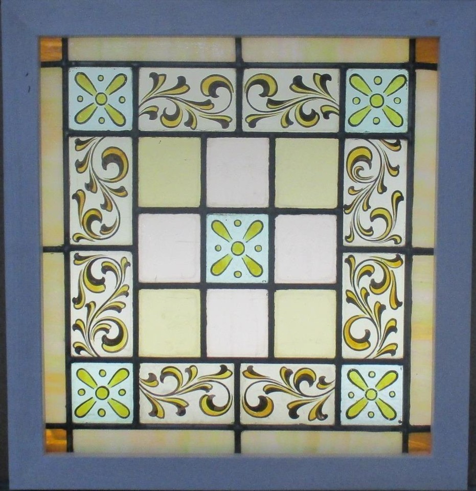 EDWARDIAN HAND PAINTED OLD ENGLISH LEADED STAINED GLASS WINDOW 19 1/2 ...