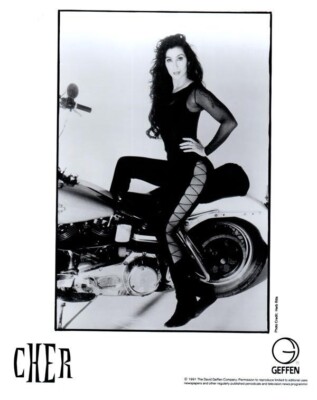 Cher straddling motorcycle 1991 Geffen Records Leggy Pin up Original ...