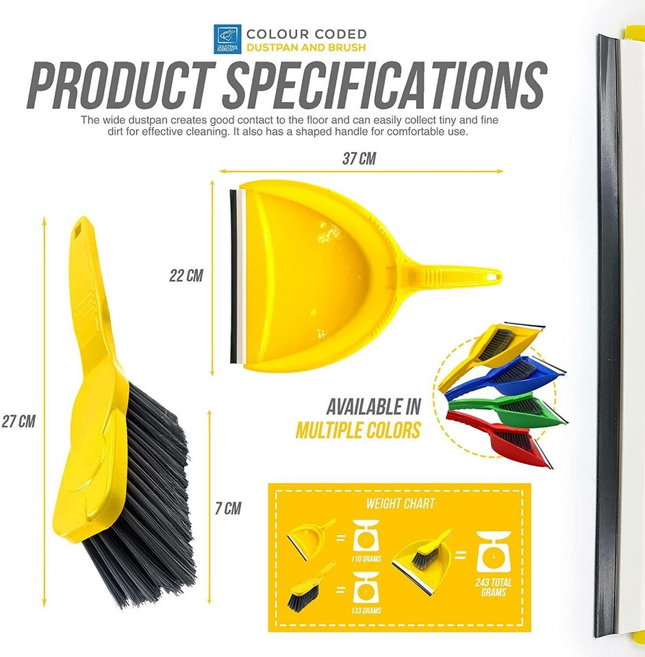 Yellow Dustpan and Brush Set Colour Coded Dust Pan Broom Sweeper Indoor ...