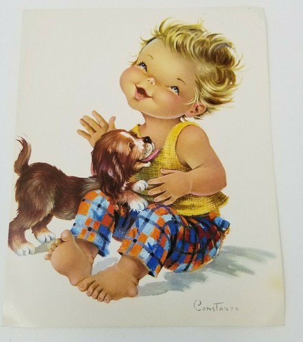 Spanish Constanza Laughing Toddler Licking Puppy Painting Print Vintage ...