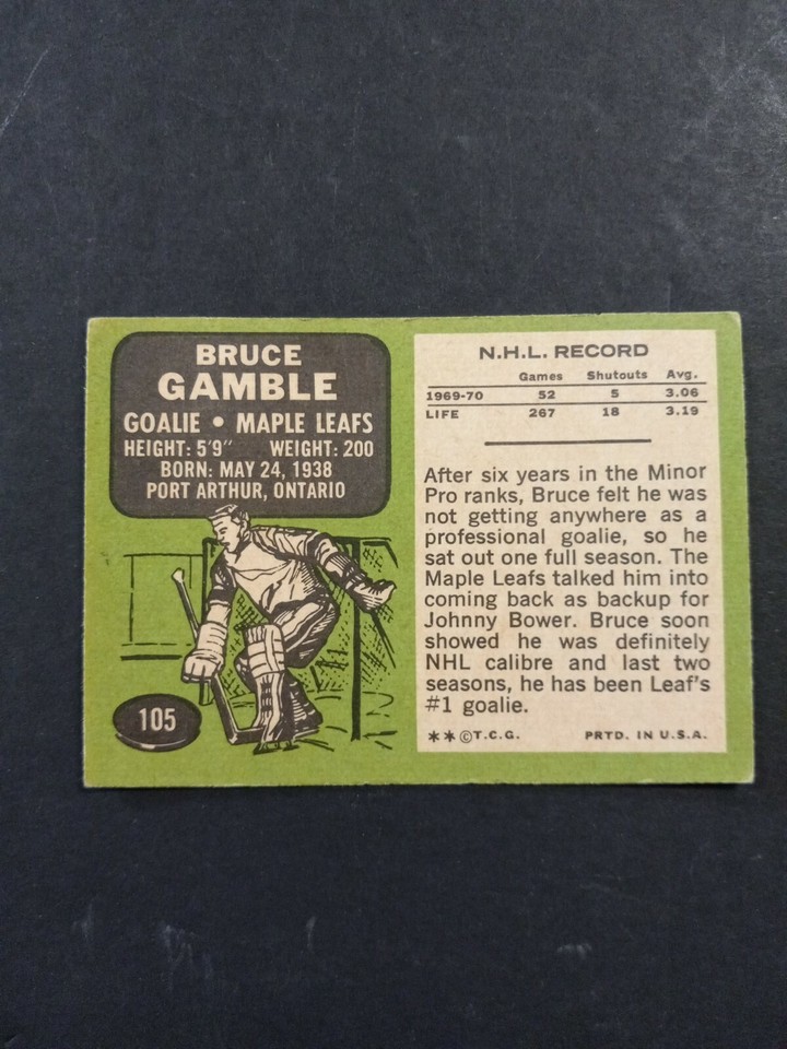 1970-71 TOPPS HOCKEY CARD BRUCE GAMBLE # 105 EX- RANGE FREE S&H | eBay