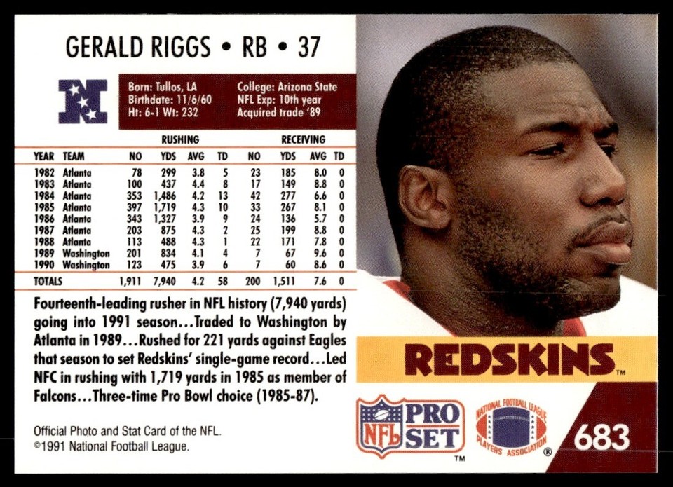 1991 Pro Set Football Card Gerald Riggs Washington Redskins #683 | eBay