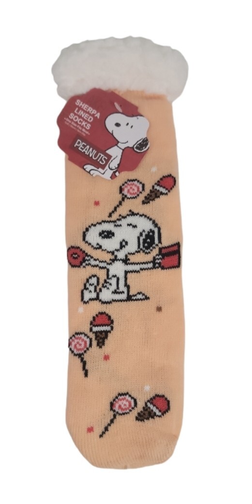 Peanuts Snoopy Sherpa Lined Non-Slip Women's Orange Cream Slipper Socks ...