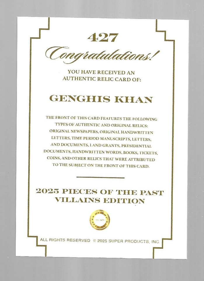 Genghis Khan 2025 Pieces of the Past Villains Edition #427 Jumbo Cloth Relic | eBay