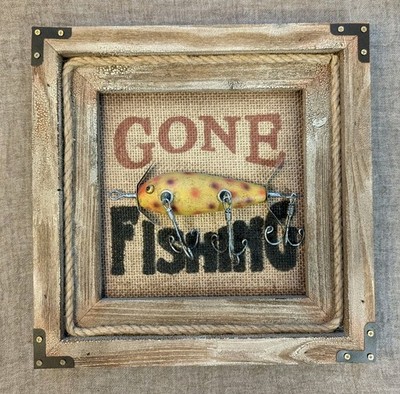 Rustic Wood GONE FISHING Wall Decor Sign w/ Lure 10.75" Man Cave Cabin ...