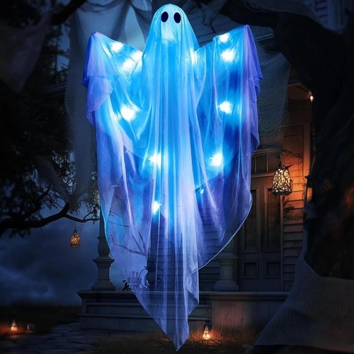 Halloween Hanging Light up Ghost with Spooky Blue LED Light, 47” White ...