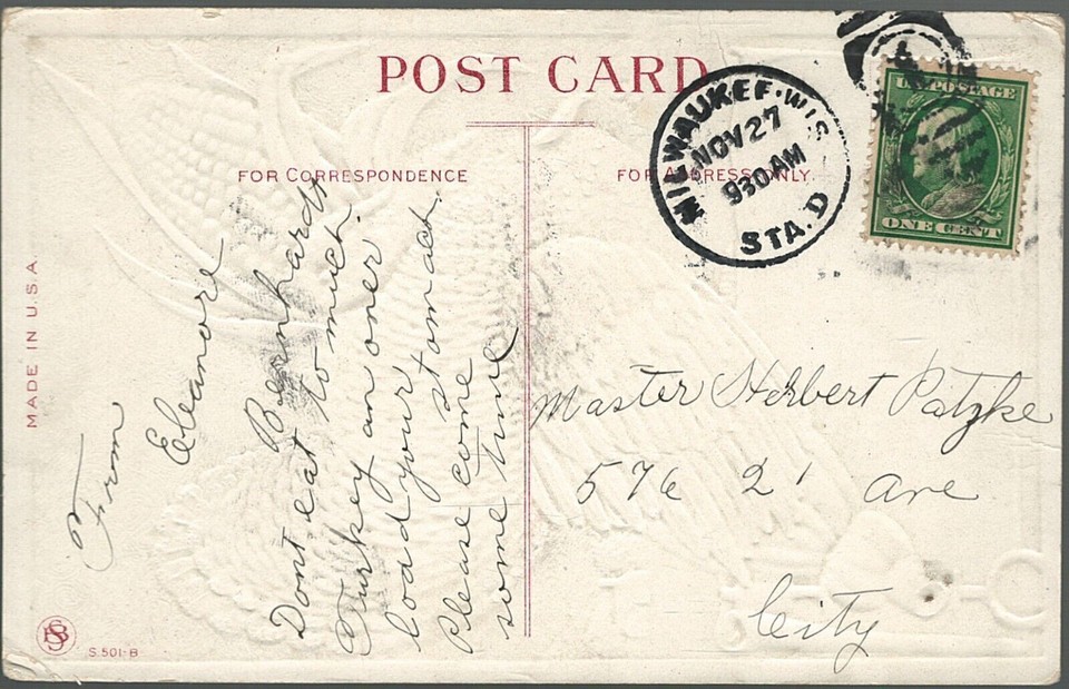 Thanksgiving Postcard A Turkey Gobbler Sent From Milwaukee Wisconsin ...