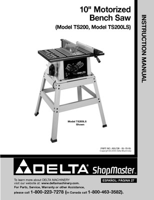 Delta TS200 TS200LS 10" Morized Bench Saw Instruction Manual | eBay
