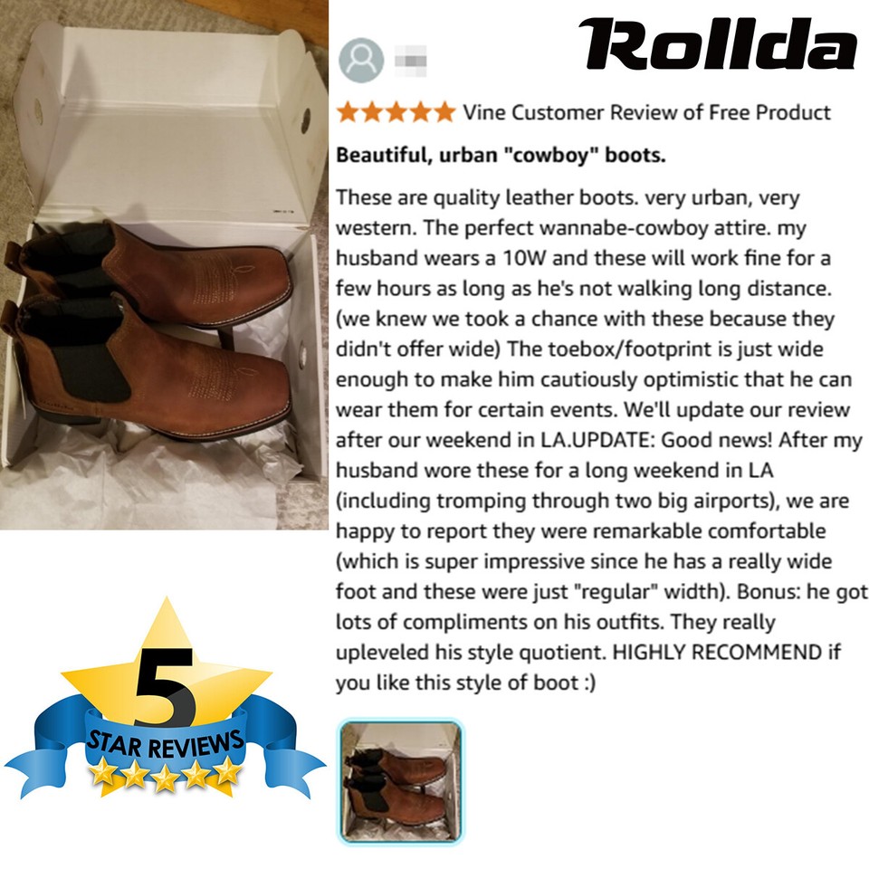 Rollda Men's Ankle Western Boots Genuine Leather Square Toe Cowboy ...