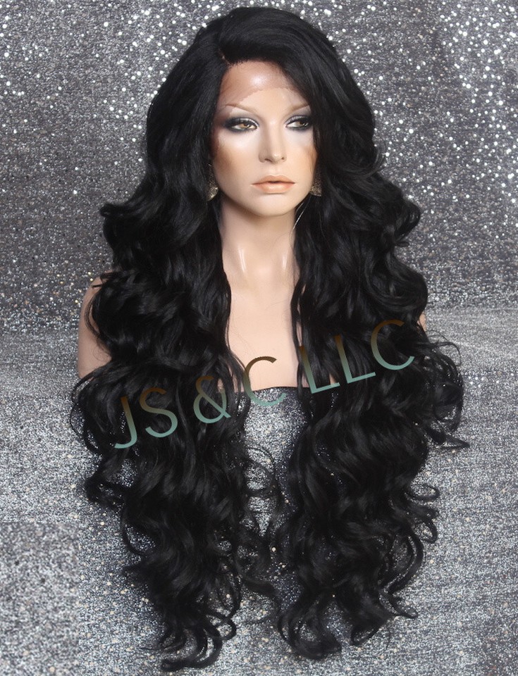 38" Long Human Hair Blend Full Lace Front Wig Heat OK Curly Black WEPR ...