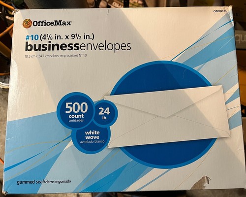 No.10 OfficeMax Office Max White Business Envelopes 500 Count 4 1/8 x 9 ...