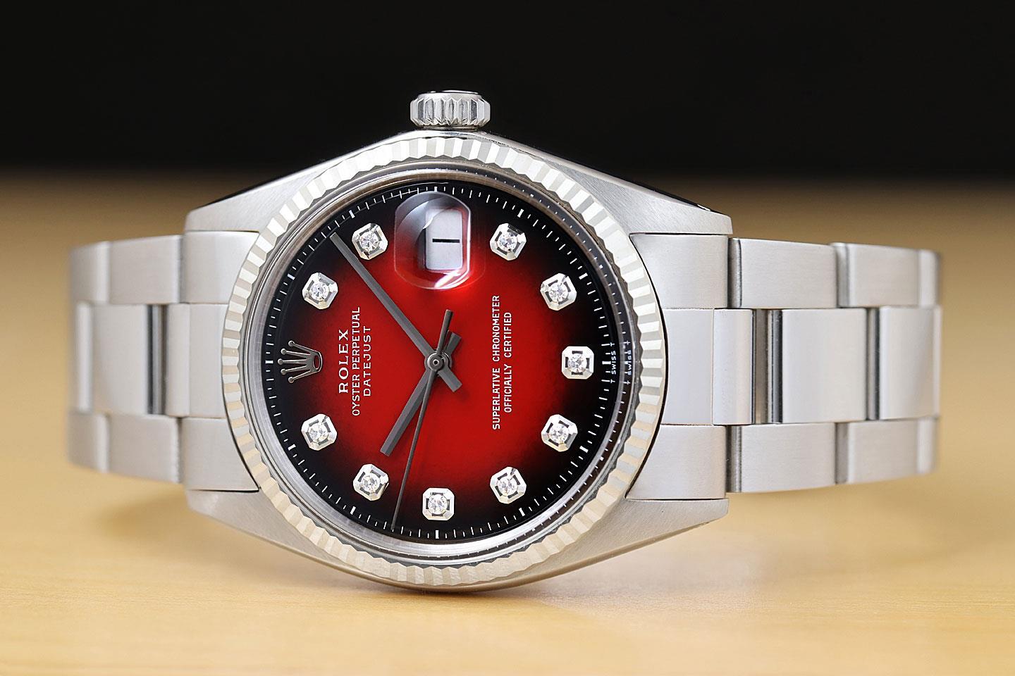 ROLEX MENS DATEJUST 18K WHITE GOLD & STEEL RED VIGNETTE DIAMOND 1601 ...