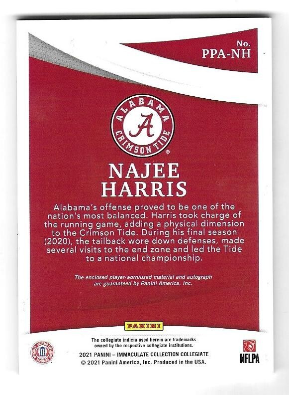 Najee Harris 2021 IMMACULATE PREMIUM PATCH ROOKIE AUTOGRAPH CARD ...