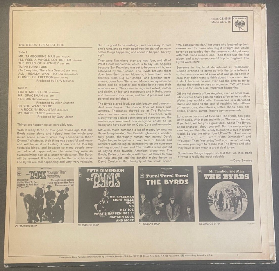 THE BYRDS--“THE BYRDS GREATEST HITS” VINYL LP 1970 COLUMBIA CL 2716 VG ...