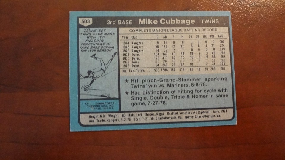 1980 TOPPS # 503 MIKE CUBBAGE BASEBALL CARD | eBay