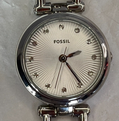 Fossil Silver Tone Round Gemmed Sunburst Dial 28mm Women’s Watch | eBay