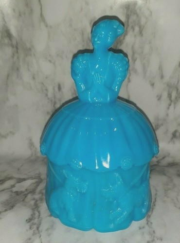 Akro Agate BLUE COLONIAL LADY SCOTTIE DOG BOTTOM glass powder jar Puff ...