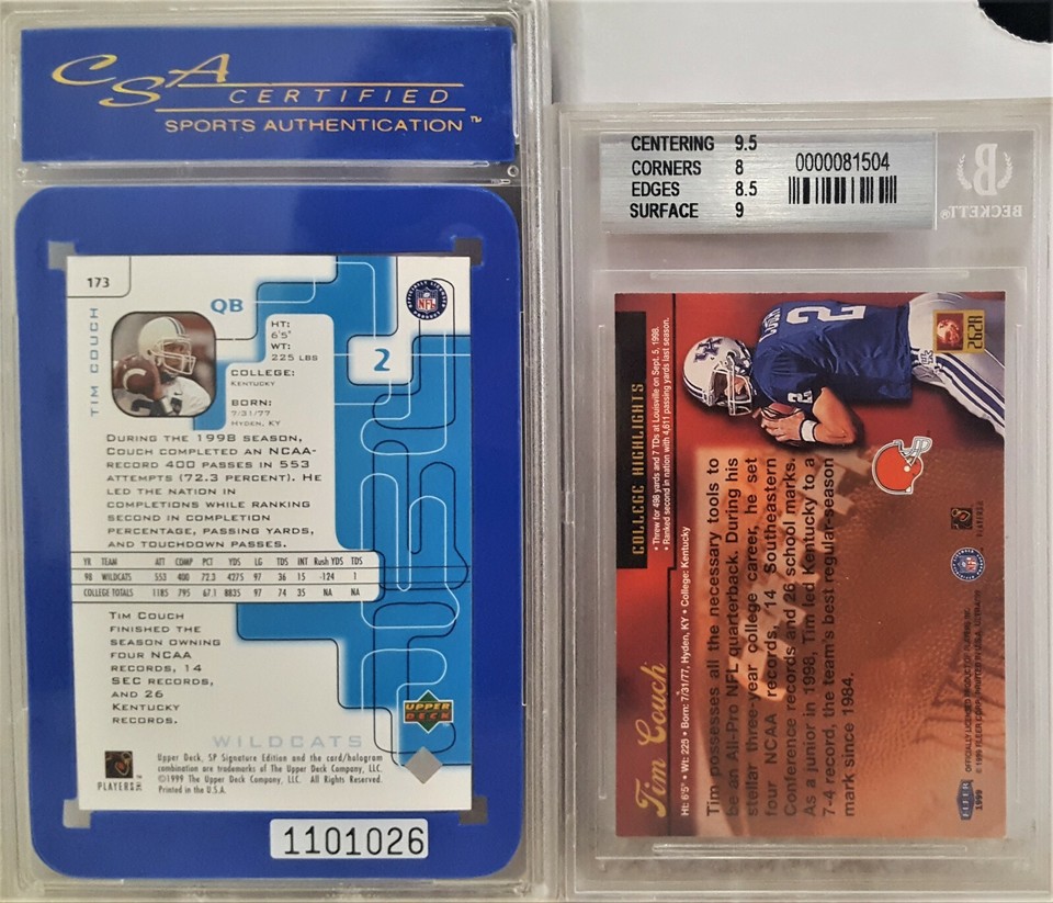 1999 Tim Couch SP Signature #173 CSA 9 & Ultra #262 BGS 8.5 2 card RC ...