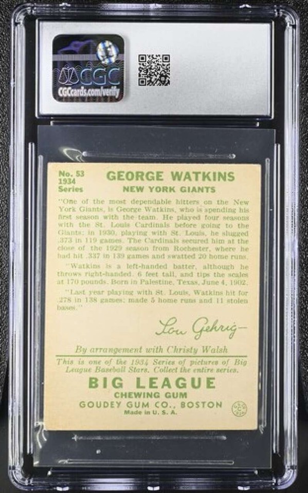 1934 GOUDEY #53 GEORGE WATKINS CGC 4 VG/EX RC ROOKIE NY GIANTS 5863 | eBay