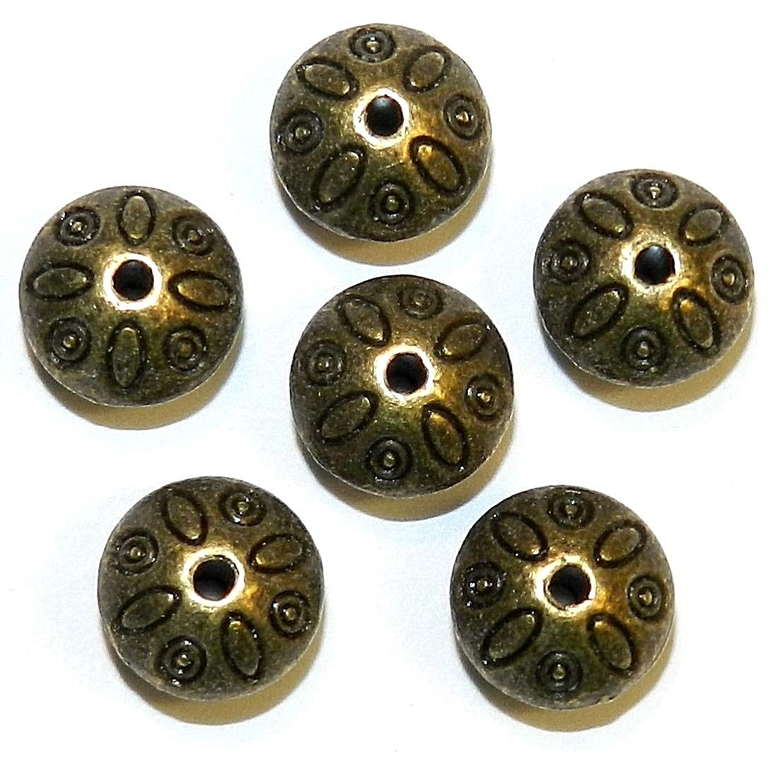 MBL944 Antiqued Bronze 9mm Bicone Rondelle w Flower Design Metal Beads ...