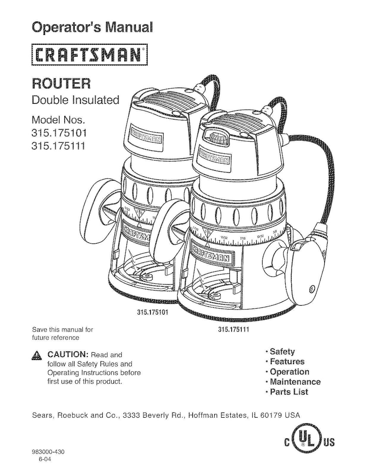 Operator Instruct & Parts Manual Craftsman Router 315.175101 Double ...