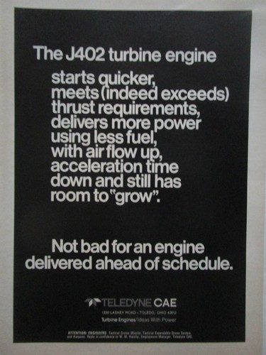 9/1975 PUB TELEDYNE CAE TURBINE ENGINES J402 TURBOJET ENGINE ORIGINAL ...