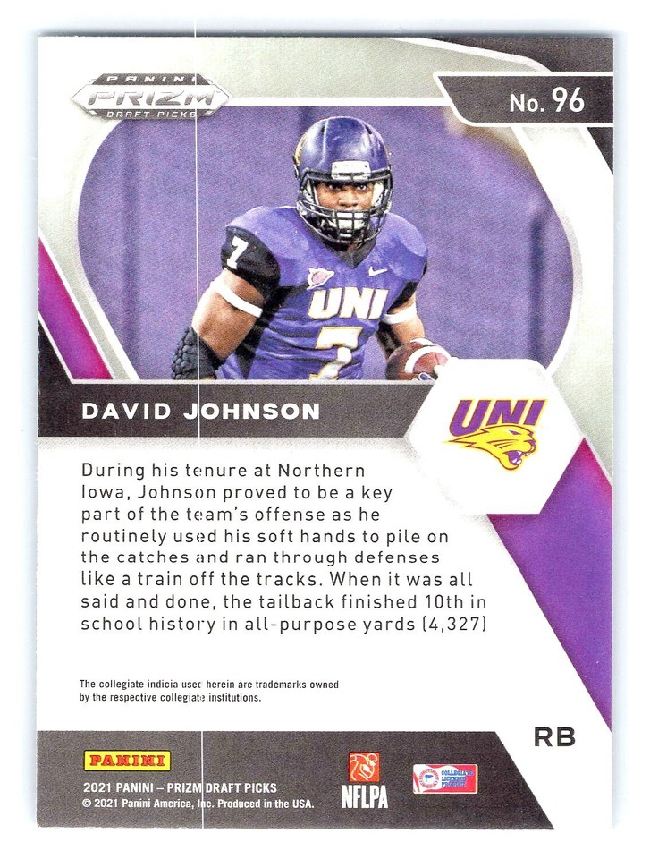 2021Panini Prizm Draft Picks #96 David Johnson Football Northern Iowa ...