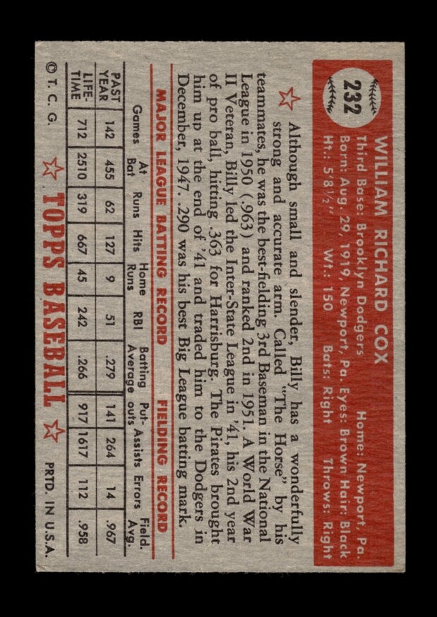 1952 Topps Set-Break #232 Billy Cox EX-EXMINT *GMCARDS* | eBay