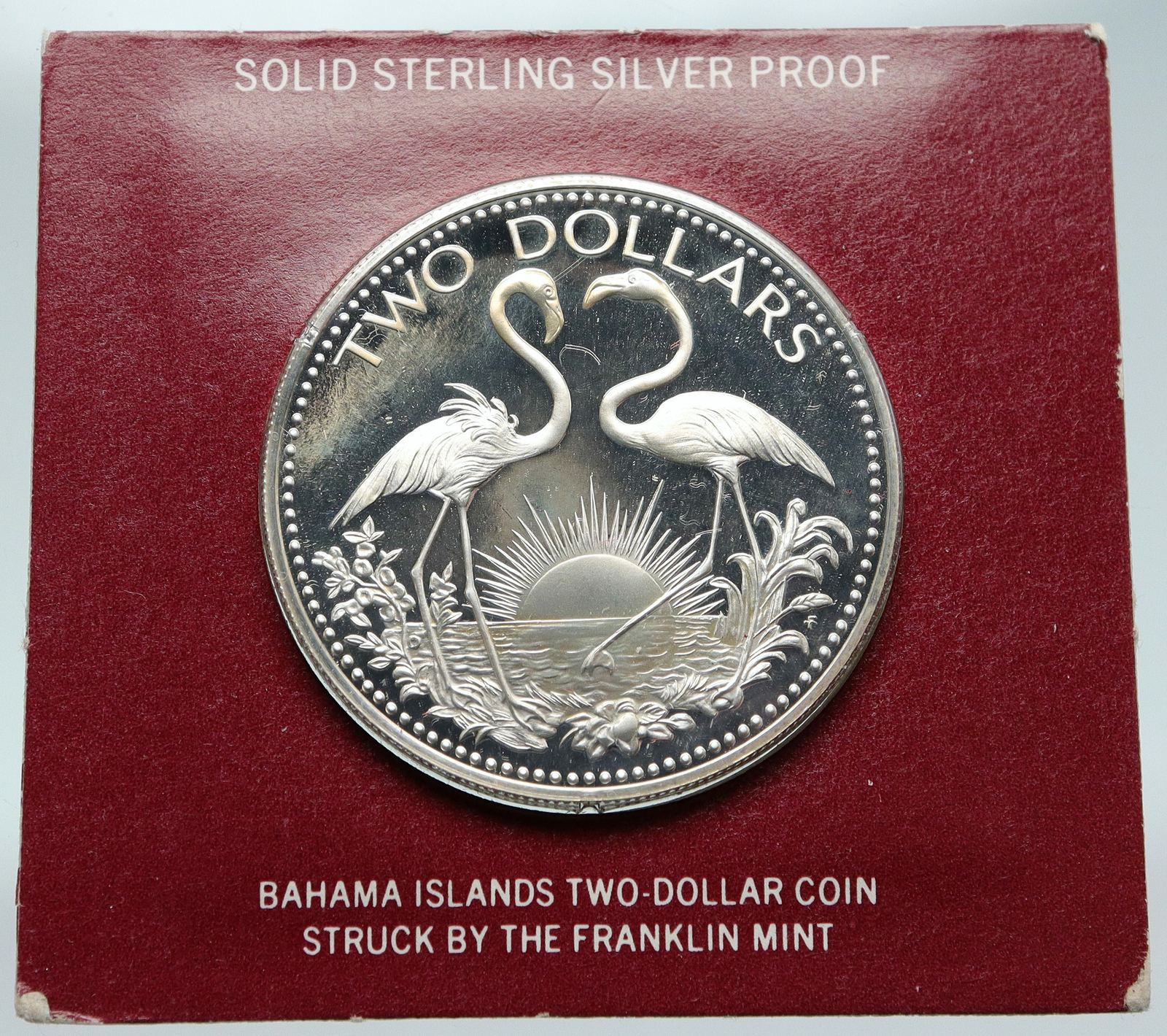 1975 The BAHAMAS Islands TWO FLAMINGOS Vintage Proof Silver 2 Dollar ...