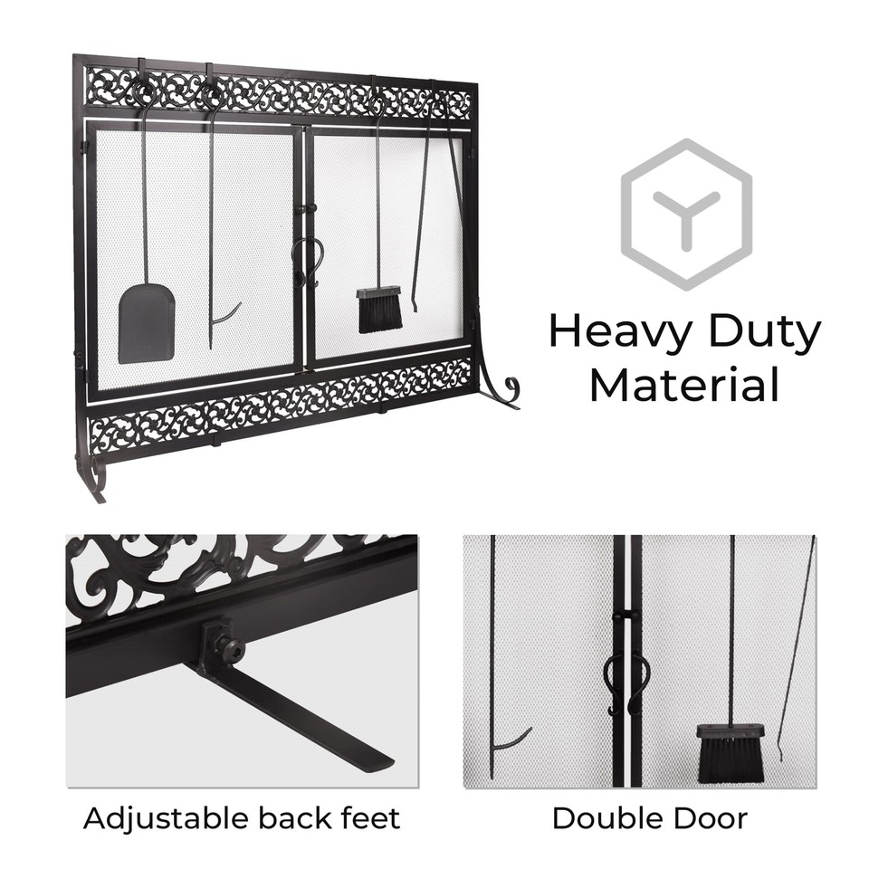 Plow & Hearth Metal Fireplace Screen Scrollwork Black Double Door 39 ...