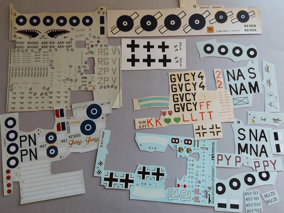 Job lot 1:48 WW2 model aircraft kit decals, Spitfire Mosquito MS.406 ...