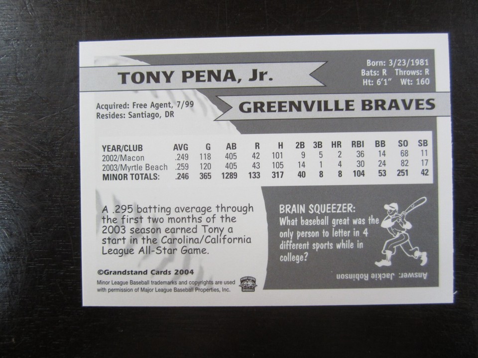 2004 Grandstand Greenville Braves Tony Pena Jr Card (B17) Atlanta ...