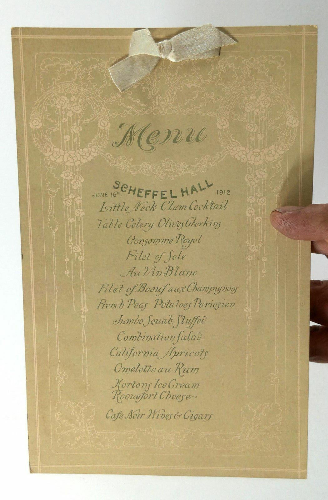 1912 Original Vintage Menu SCHEFFEL HALL Restaurant Manhattan New York ...