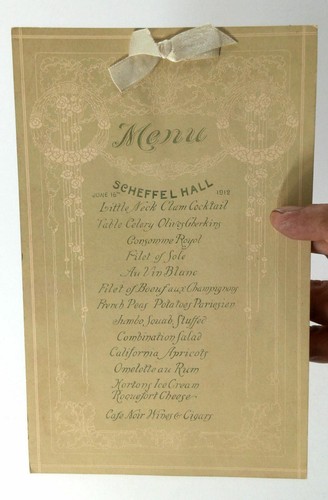 1912 Original Vintage Menu SCHEFFEL HALL Restaurant Manhattan New York ...