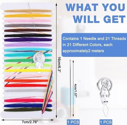 Travel Sewing Kit Set, 21 Threads! Needle, Needle Threader. Large 6"x3 ...