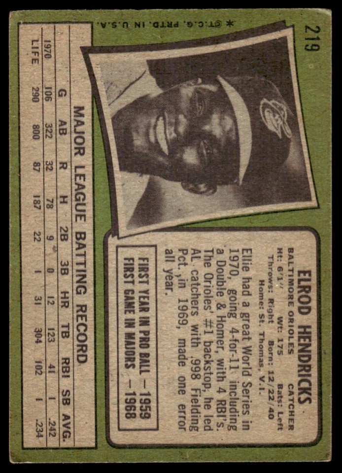 1971 Topps Baseball Card Elrod Hendricks Baltimore Orioles #219 | eBay