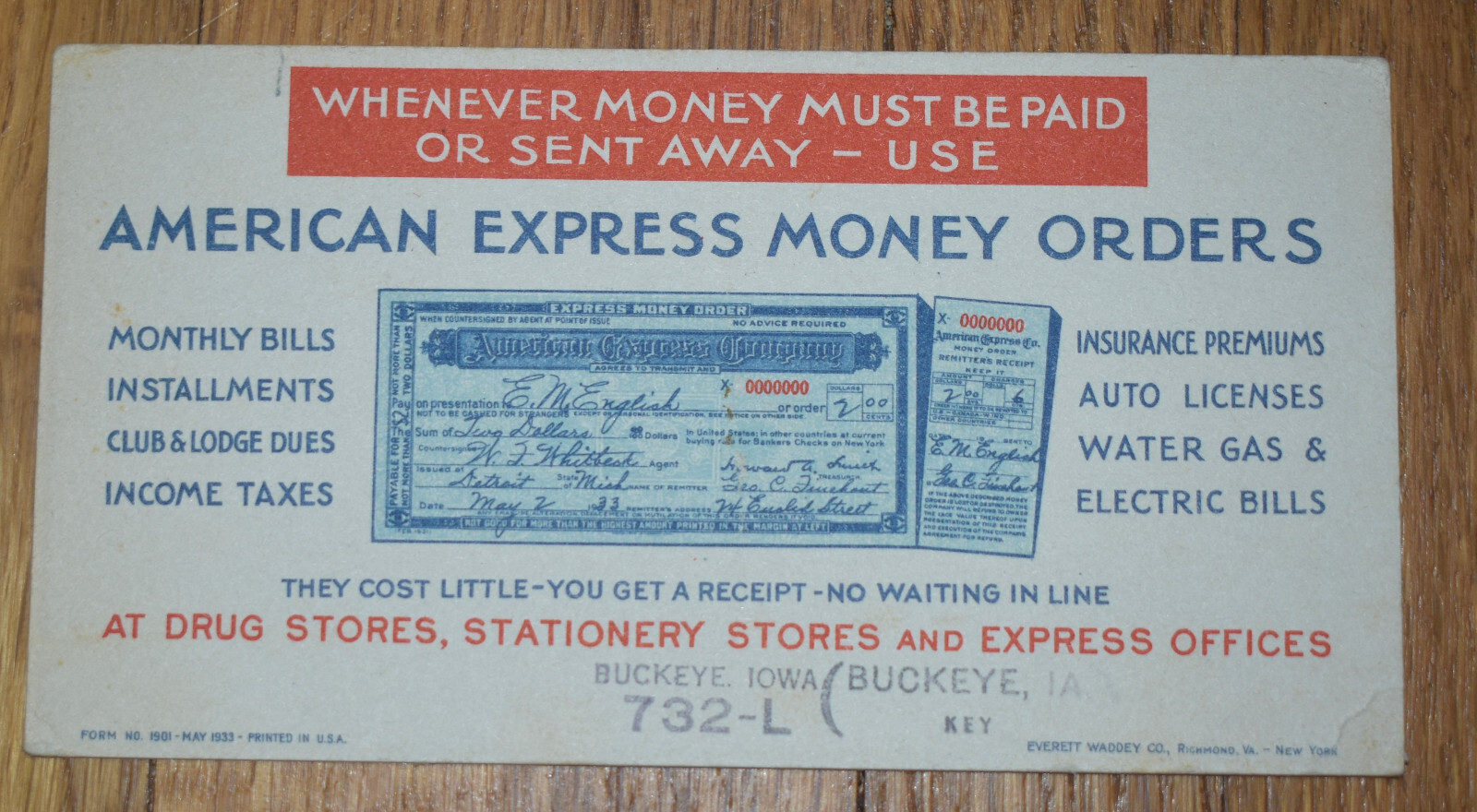 Vintage American Express Money Order Buckeye IA Iowa Advertising Ink ...