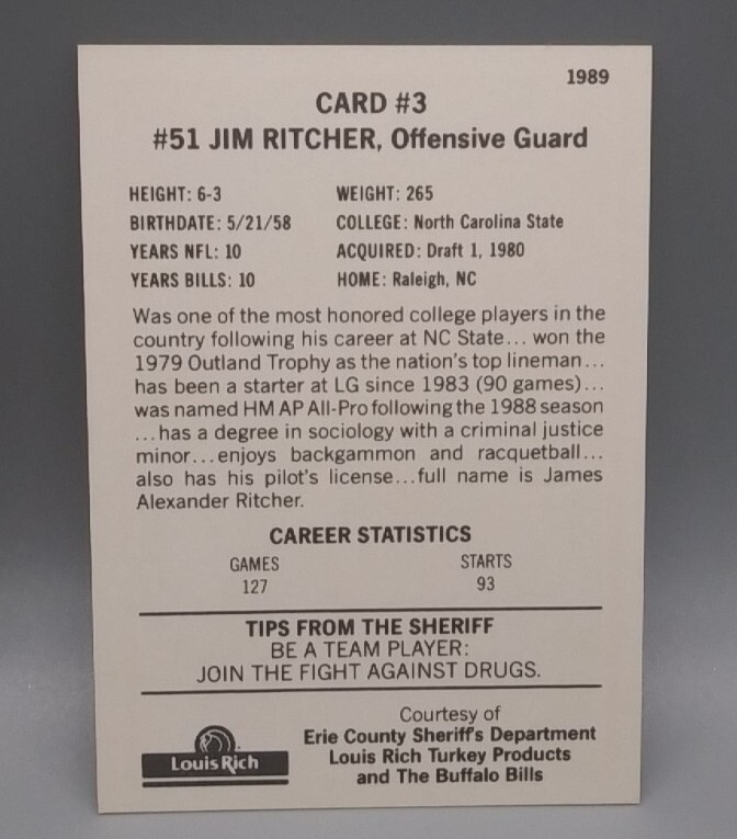 1989 Jim Ritcher Buffalo Bills Police Louis Rich #3 | eBay