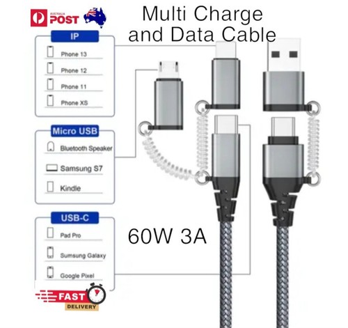 5 in 1 Multi Charging Cable USB C A to Type C/iPhone/Micro USB Android 3A 60W | eBay Australia