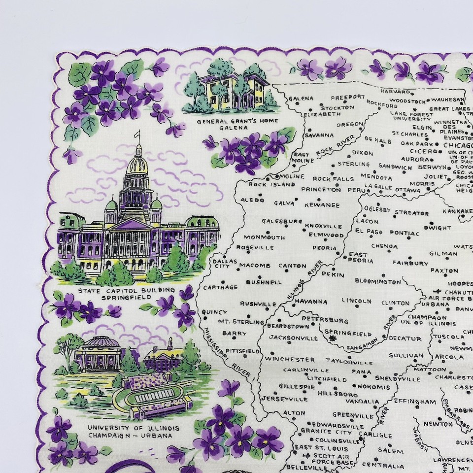 Franshaw 1950s ILLINOIS State Map Souvenir Cotton Hankie Handkerchief ...
