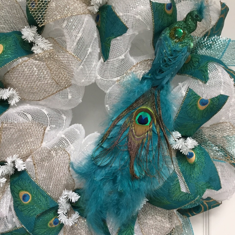 Snow Peacock Holiday Or Winter Deco Mesh Wreath Handmade | eBay