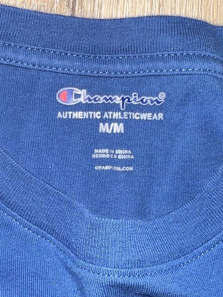 CHAMPION Shirt Mens (Med) Long Sleeve Navy Blue Spell out Logo Graphic ...