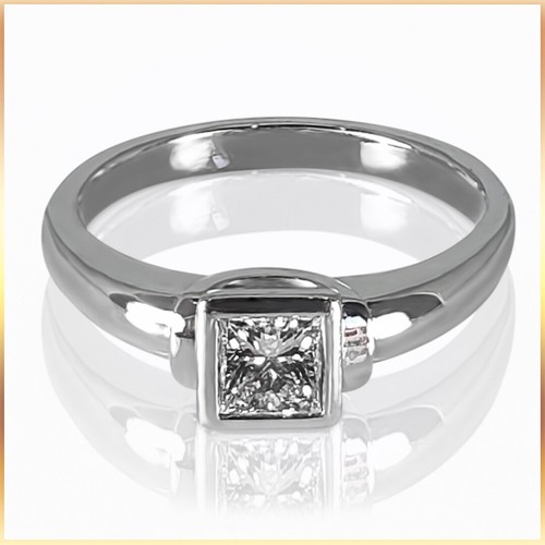 0.50ct Square Bezel Solitaire Engagement Ring 18K White Gold Ladies ...