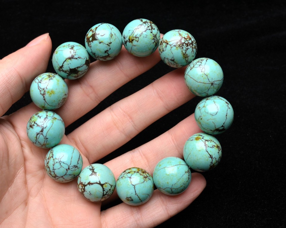 18mm Natural Green Turquoise Crystal Gemstone Round Beads Bracelet AAA ...