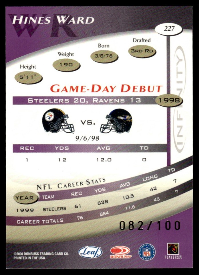 2000 Quantum Leaf Infinity Purple Hines Ward 082/100 Pittsburgh ...