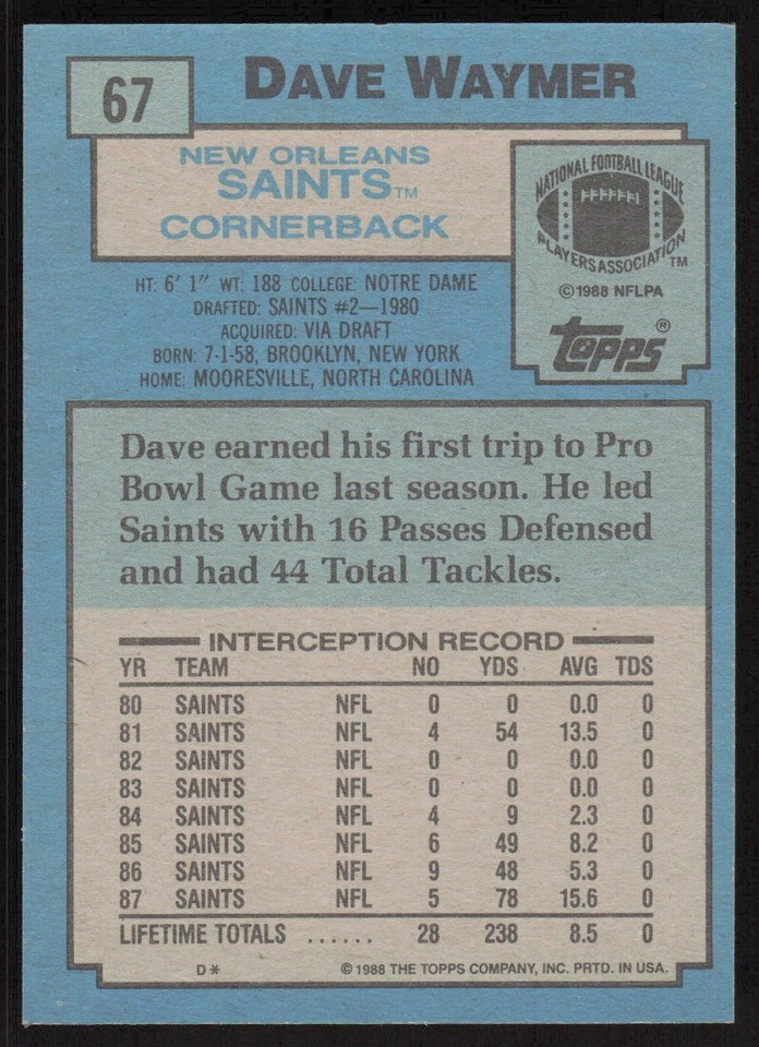 1988 Topps Football Dave Waymer #67 New Orleans Saints | eBay