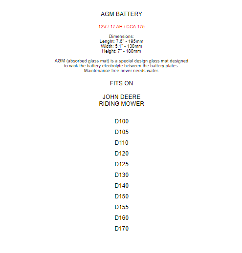 AGM Battery for John Deere D100 D105 D110 D120 D125 D130 D140 D150 D160 ...